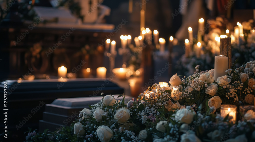 Ilustración de Stock Funeral service icons with coffins and cemetery ...