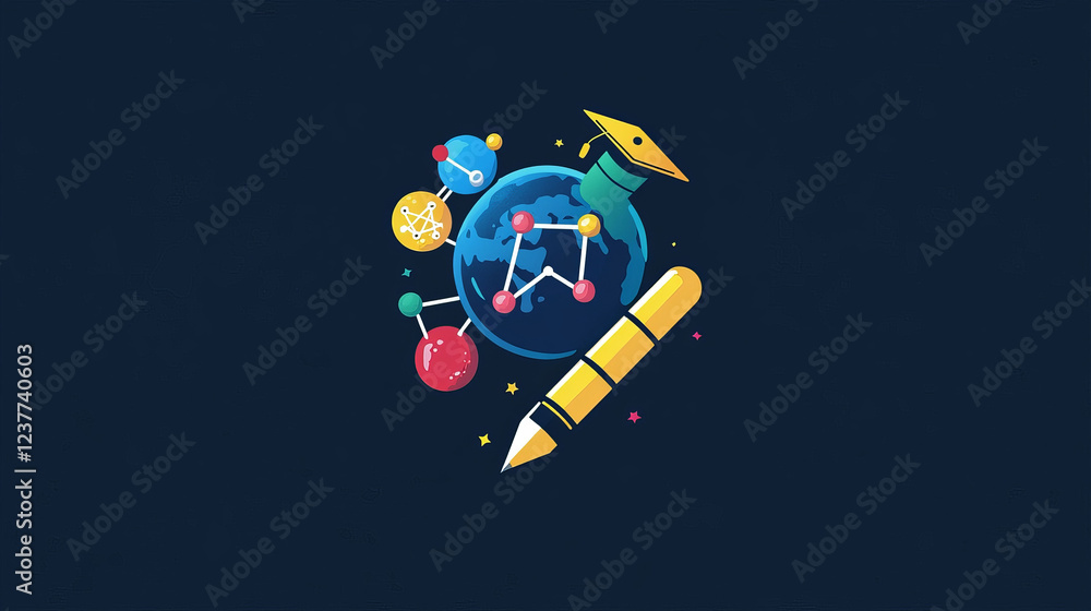 Academy symbol with science elements of molecule, globe, hat and pen ...