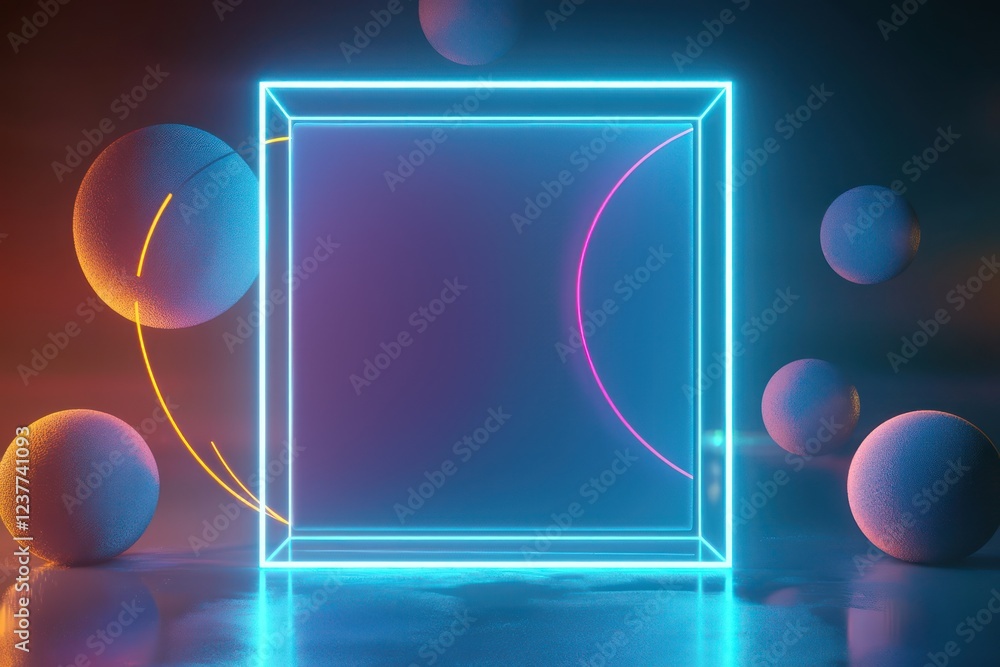 Highlighting a floating fabric patch mockup, a layered rectangular neon ...