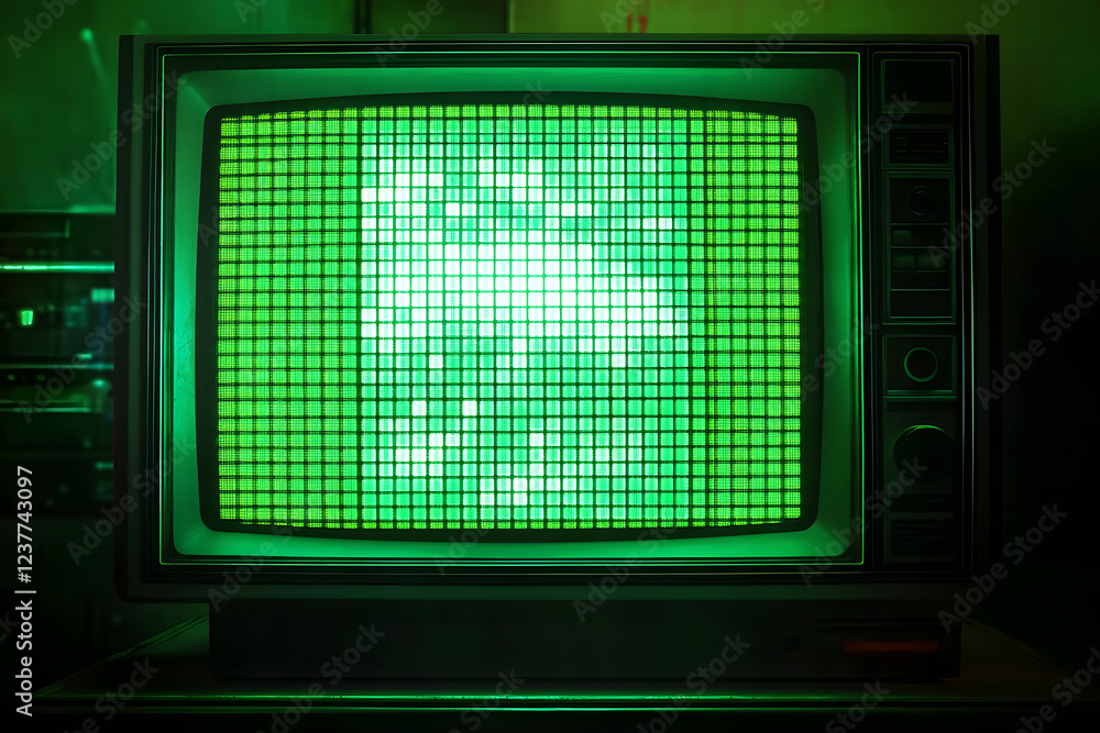 Abstract neon LED green pixel texture bg video screen. TV pattern ...