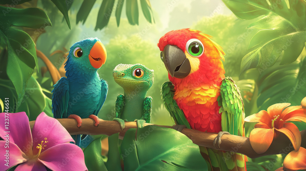 Cartoon Mexican parrot, chameleon lizard, flowers and hummingbird, math ...