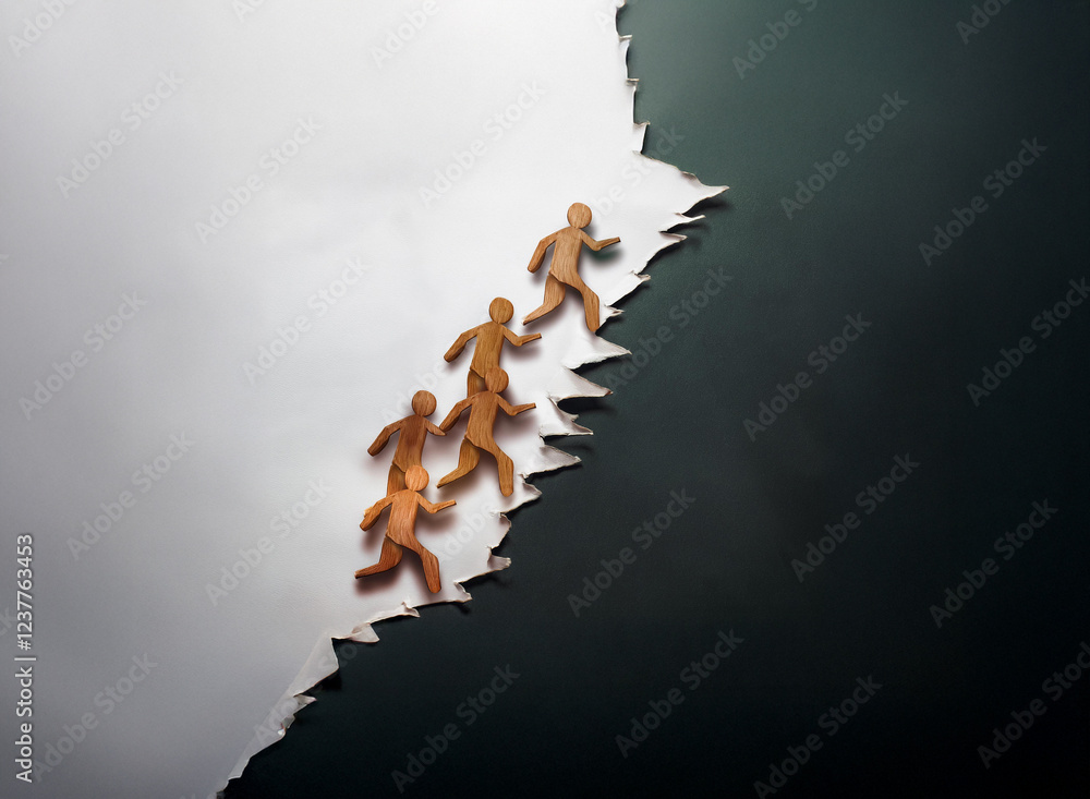 Four paper figures collaborate, traversing a chasm between white and ...