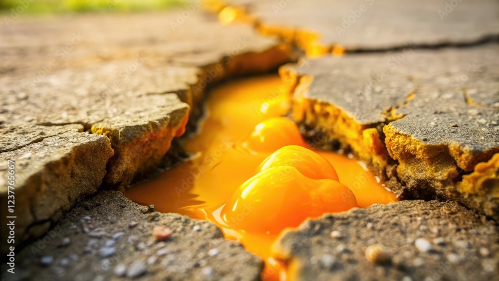 Saffron-colored slime oozes out of a crack in the ground, revealing a ...