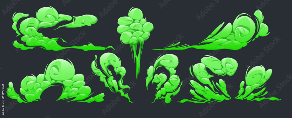 Toxic green smoke effect collection for game animation or comic scene ...
