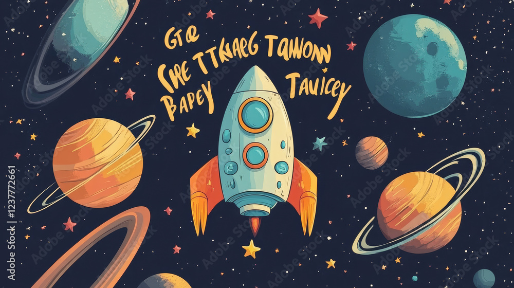 Space quote, be brave little space explorer. Cartoon vector lettering ...