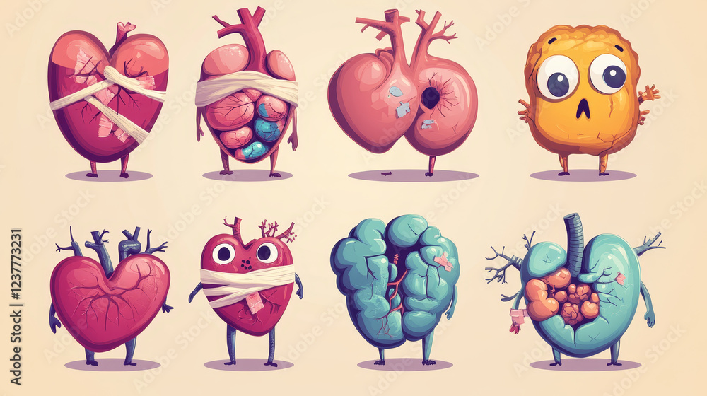 Ilustración de Stock Sick body organ characters. Injured and unhealthy ...