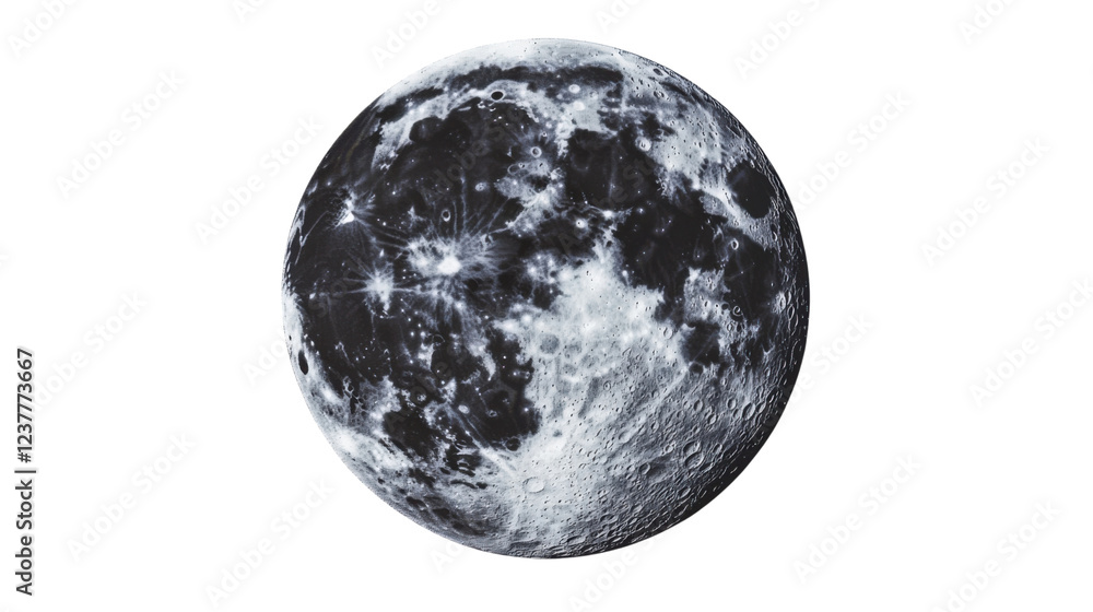 Full moon rotating showing craters and surface details on transparent ...