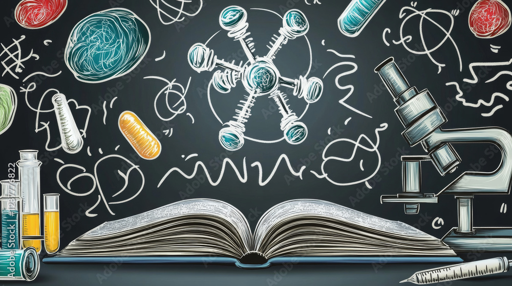 Biology textbook on school chalkboard background, vector education book ...