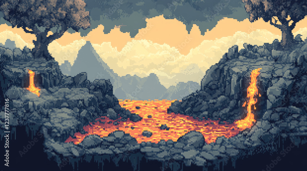 Lava, ice, iceberg, crystal, sand, water, wooden plank, magma retro 8bit pixel art game surface ...