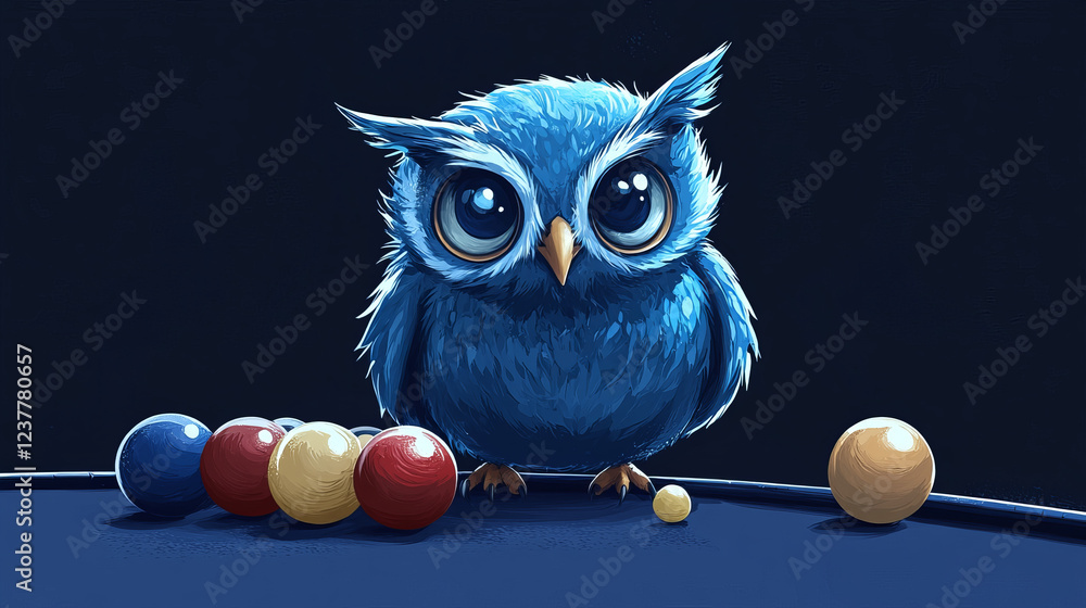 Cartoon blue owl player with billiard ball and cue, for sporting mascot ...
