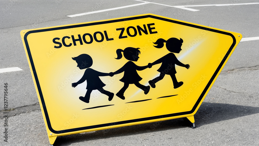 A bright yellow, pentagonal shaped school zone sign featuring black ...