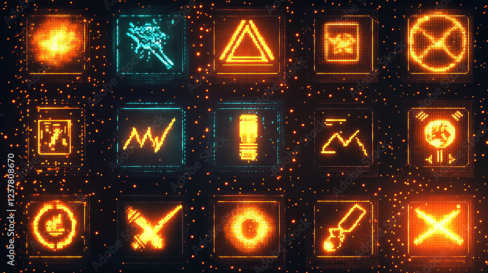 Hazard warning vector signs with digital glitch and pixel noise effect ...