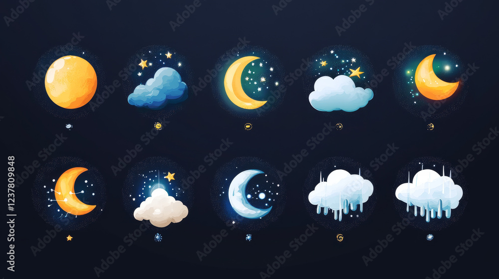 Vector. Set of night weather and climate icons or logos. Moon, stars ...