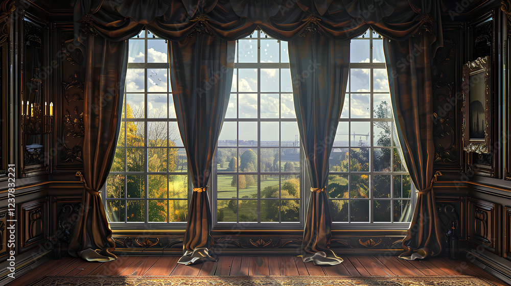 victorian style window with dark brown velvet curtains, digital art by ...