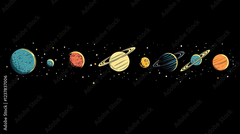 Sun system cartoon planets and stars, space and solar galaxy, vector ...