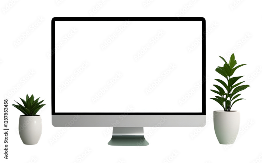 Minimalist Desktop Computer Display with Green Plants in White Pots on ...