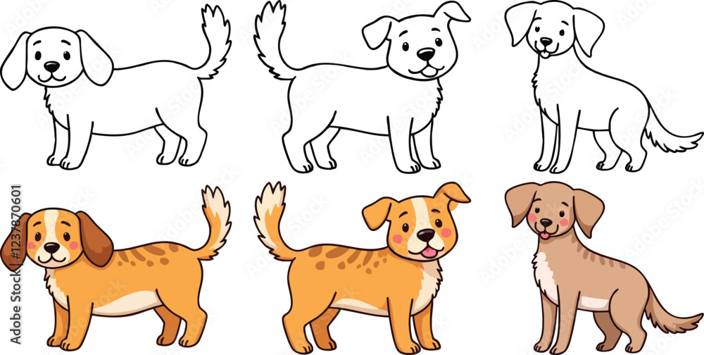 Cute Different Types of Little Dog Coloring Page line art with fill ...