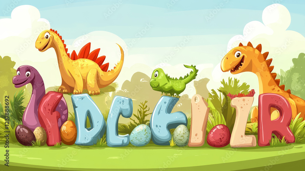 Kids dinosaurs alphabet with cartoon dino characters and eggs vector ...