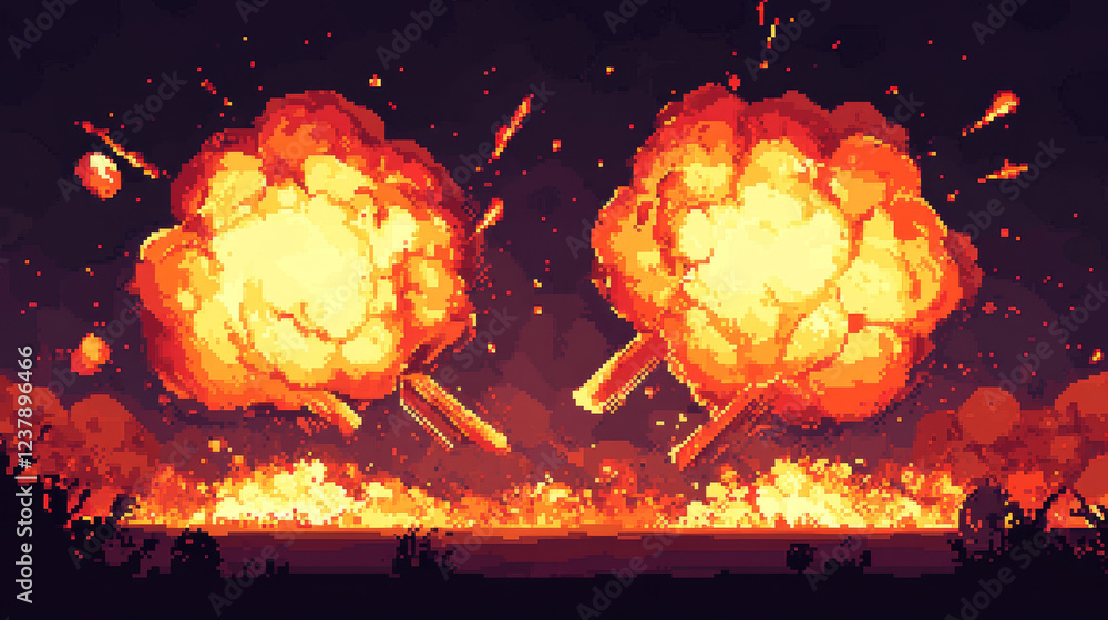 Pixel game explosion, burst, fire. Air attack hit burst pixel game ...