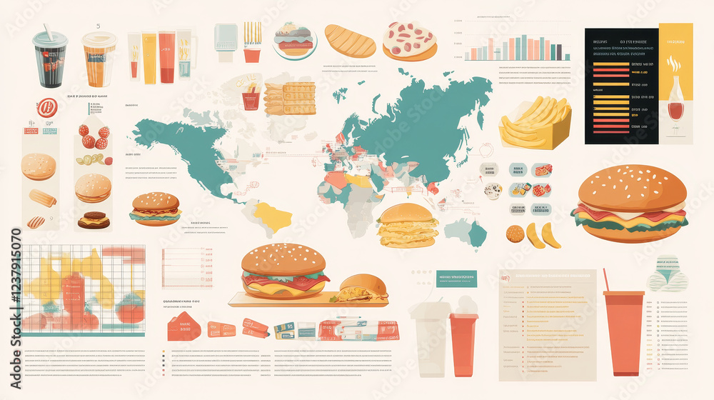 Fast food infographic and world map statistic design. Chart and graph ...