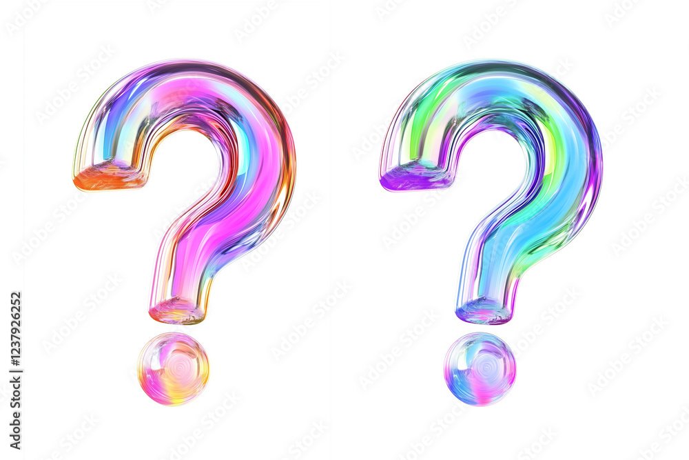 3d glass holographic symbols render icon set. Percent sign, question ...