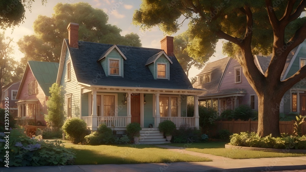 vintage retro house, 1950s neighborhood, mid-century architecture ...