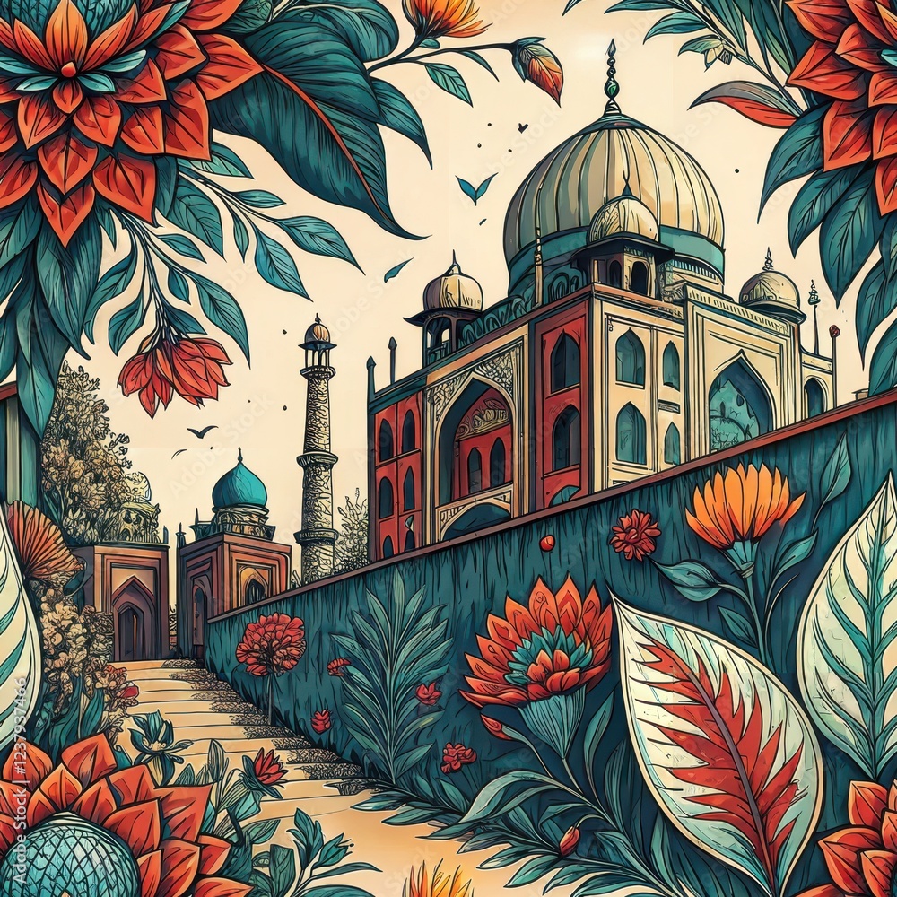 Vibrant Floral Illustration of the Taj Mahal India s Iconic Monument ...