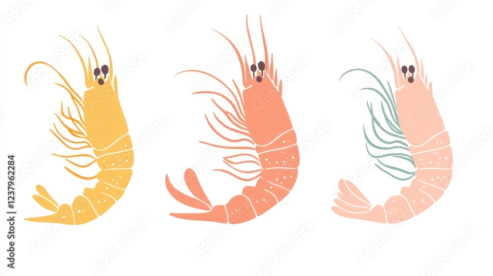 shrimp icons, pastel colors, simple shapes, flat design style, white ...