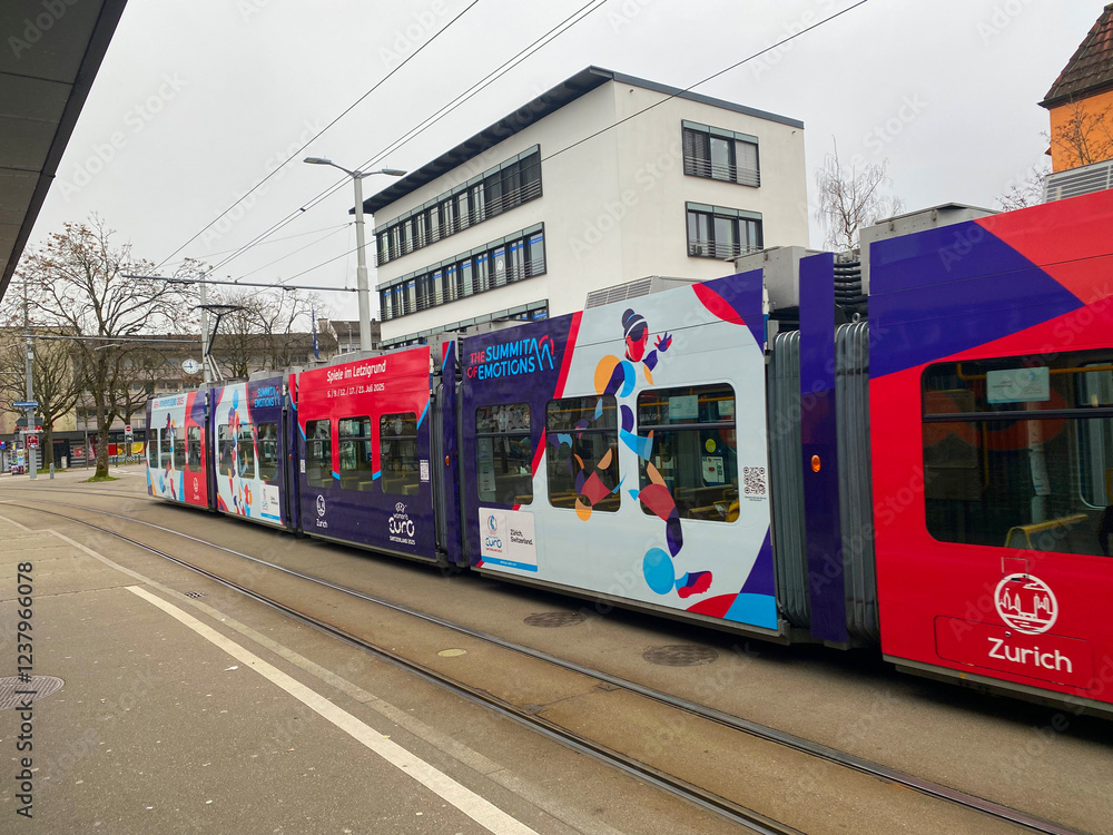 Tram with special livery Uefa Women's Euro 2025 at tram station ...