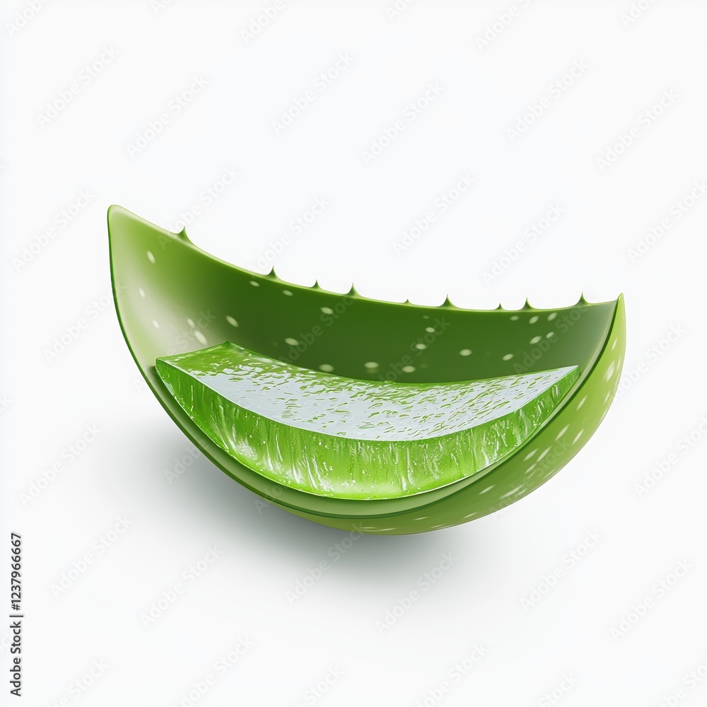 Aloe vera leaf cut open, showing its gel-like interior, centered on a ...