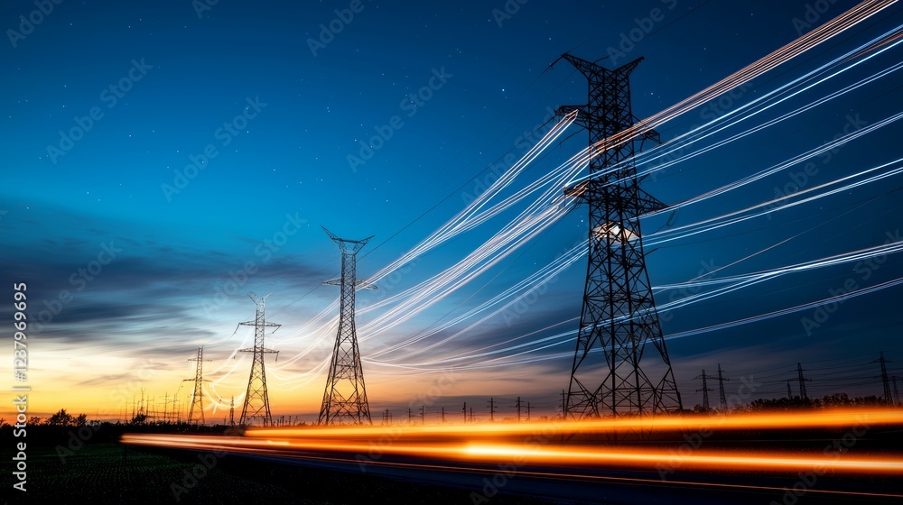 Renewable energy-powered power lines depicted through digital ...
