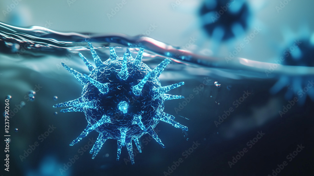 Highly detailed 3D virus particle floating in water, symbolizing ...