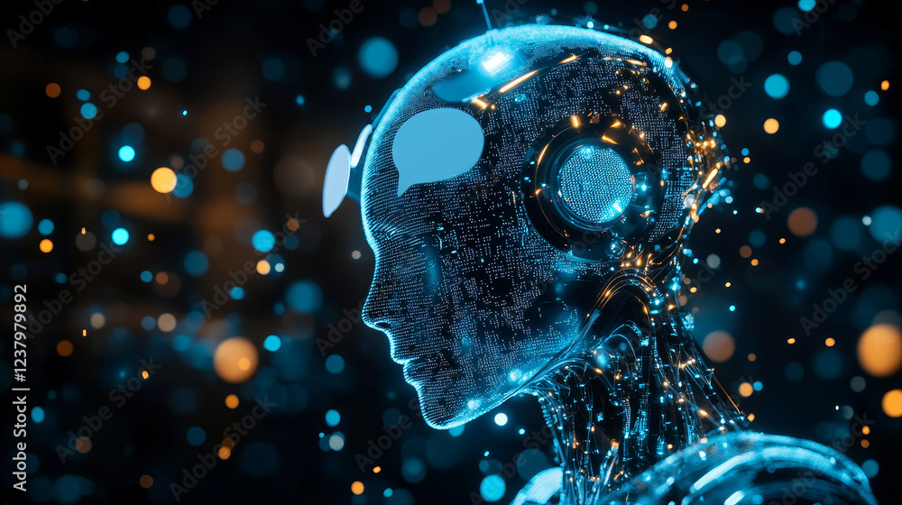 Chatbot outline icon features speech bubbles around of robot head, symbolizing automated ...