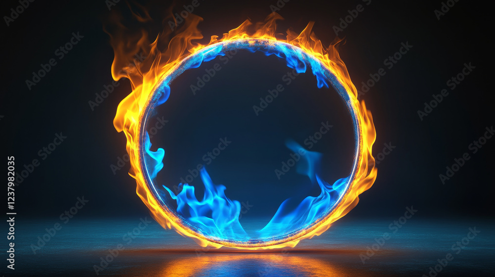 Round frames, blue gas fire flame, vector burning rings. Burned hoop ...