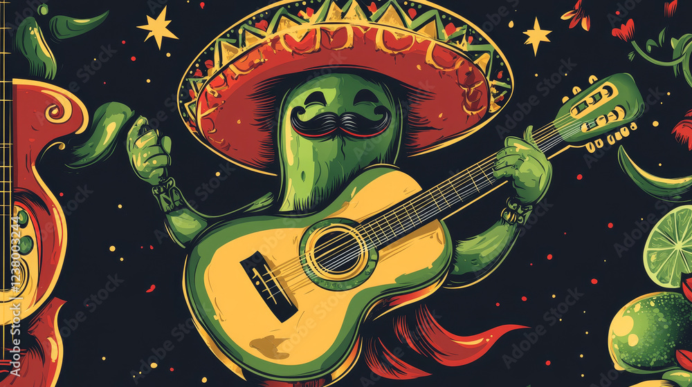 Viva Mexico vector icon. Mariachi chili pepper in sombrero playing ...