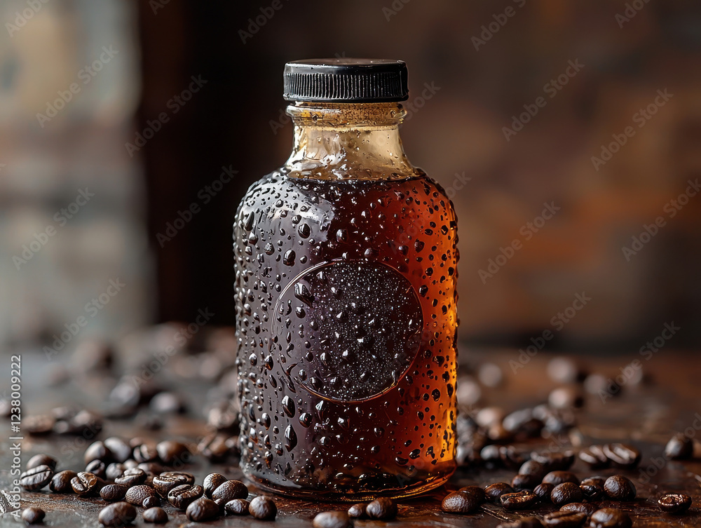 Cold brew coffee bottle surrounded by coffee beans on a rustic backdrop ...
