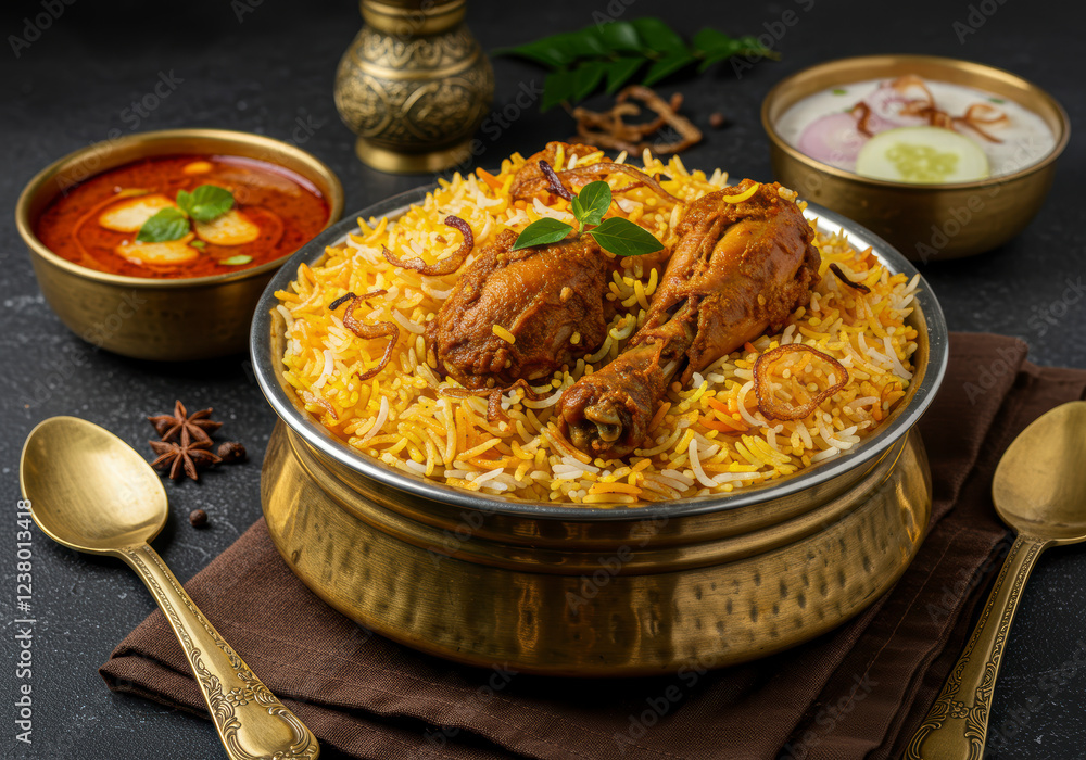 Aromatic Chicken Biryani in a Golden Bowl, Featuring Spicy Indian ...