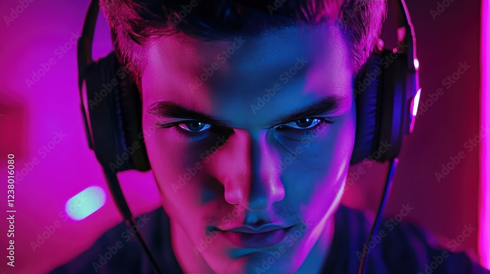 pro gamer man in headphones live streaming while playing online ...