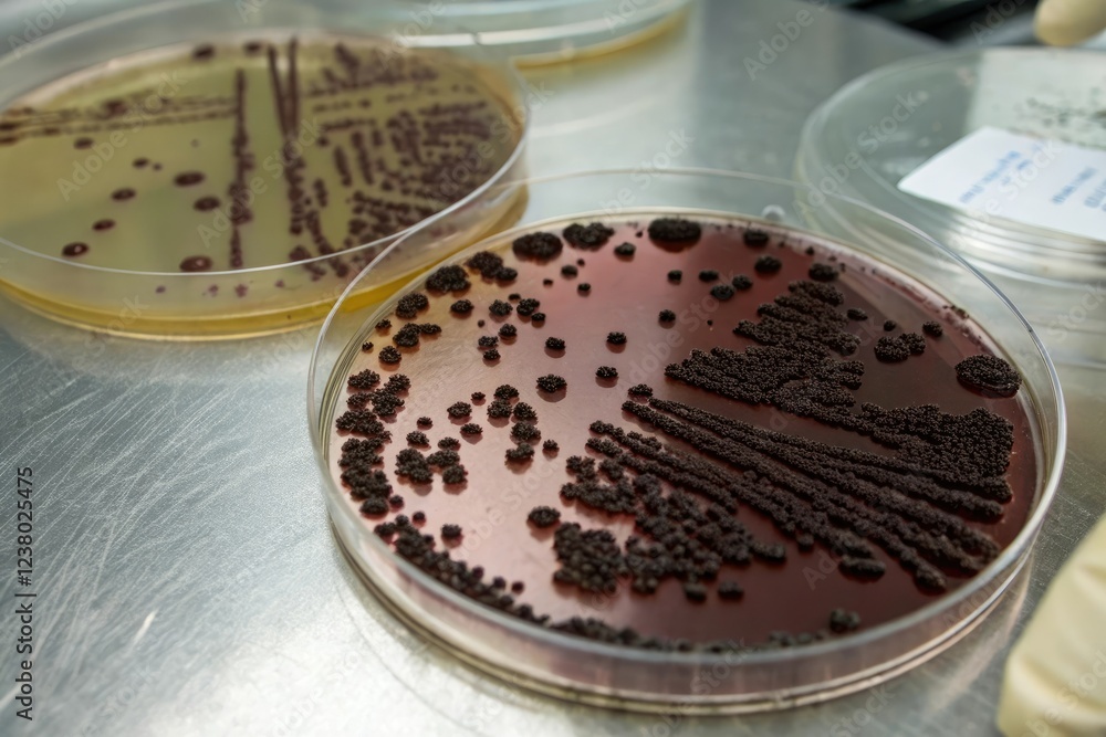 Microbial growth on agar surface with dense dark colonies of Shigella ...