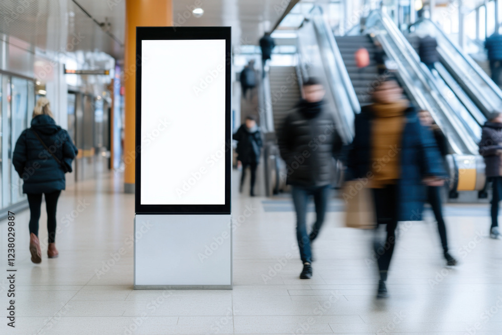 Blank vertical digital advertising billboard in shopping mall with ...