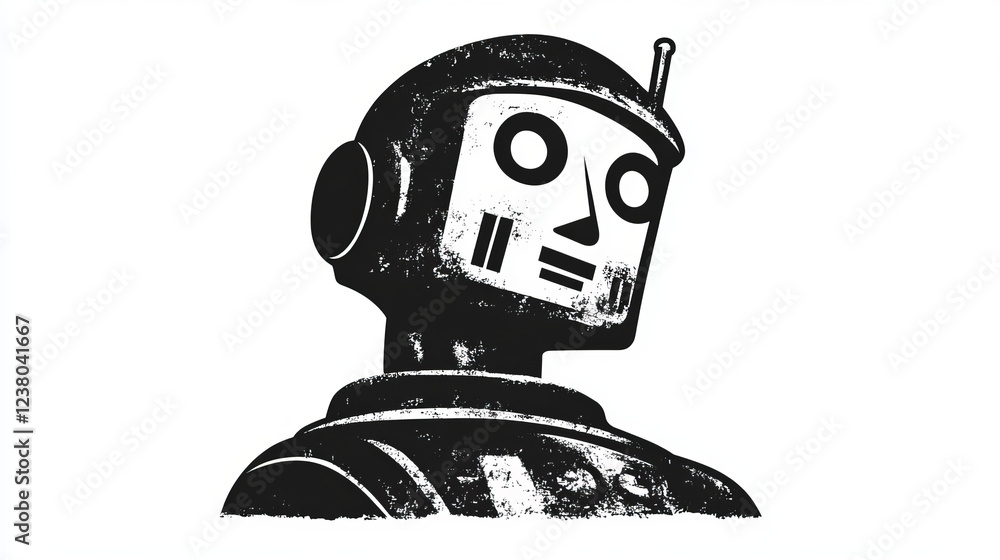 Sci Fi retro robot outline icon. Chatbot AI android, alien cyborg humanoid robot or virtual ...