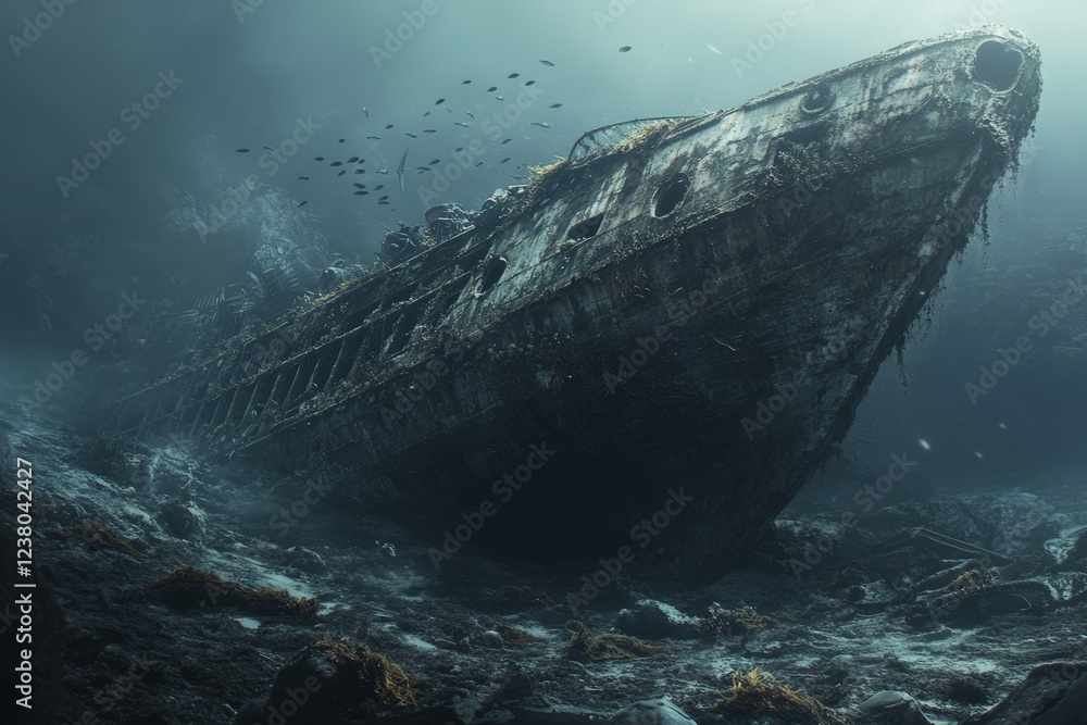 Sunken shipwreck deep underwater with marine life and algae in ...