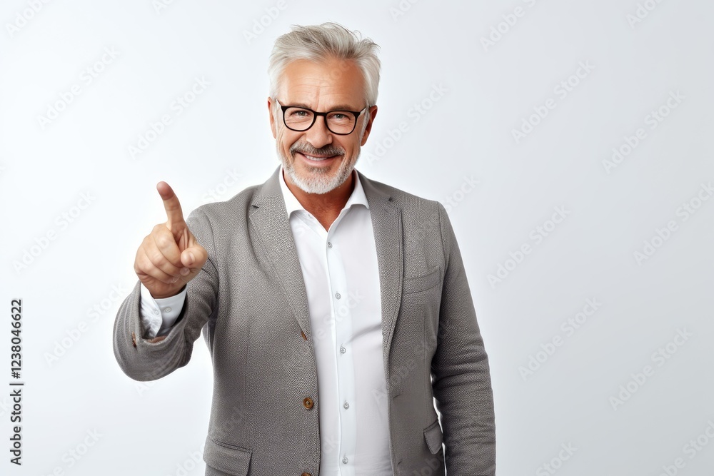 Cheerful mature executive pointing his index finger up while smiling on ...