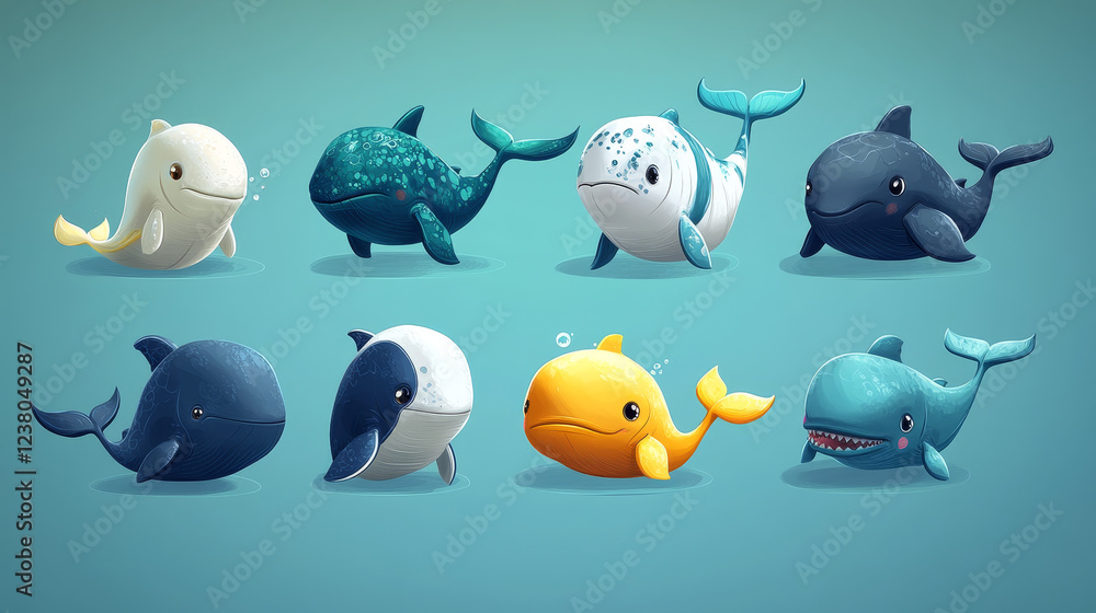 Cartoon whale characters. Isolated vector sea animals, ocean mammal ...