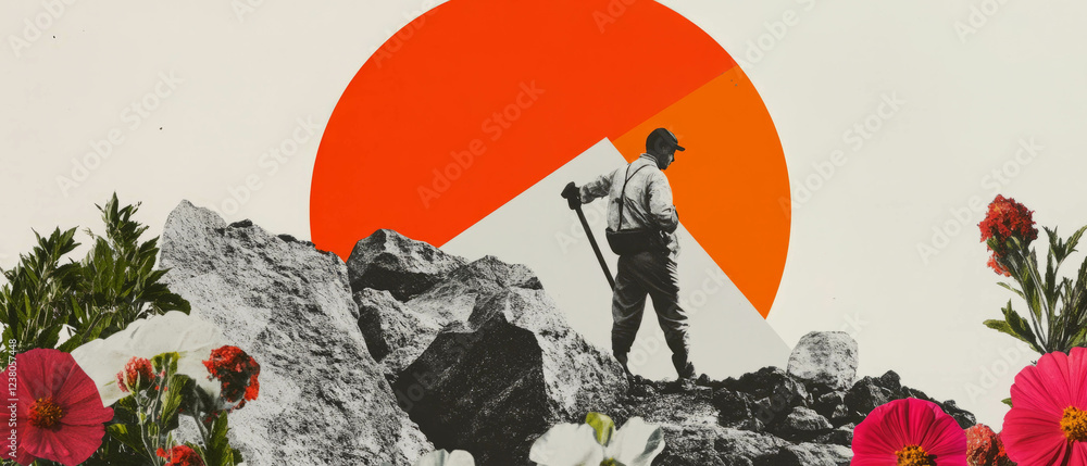 Geologist examines rock formations with geological hammer against a ...