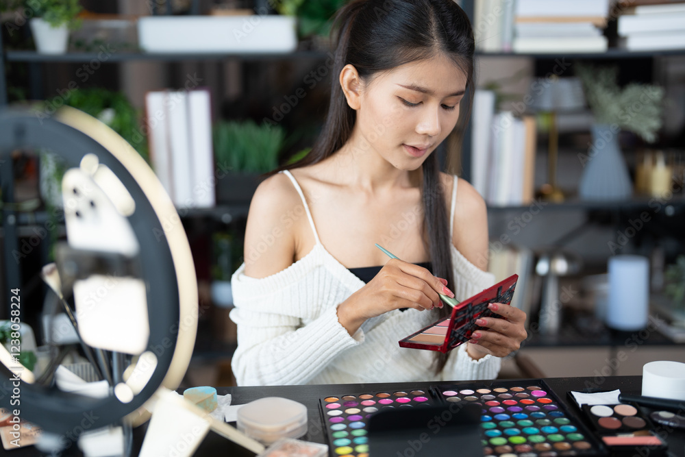 Asia woman beauty influencer makeup artist vlogger live streaming ...