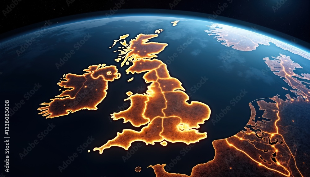 Uk map at night from space. Cities glow. Dark earth. View of uk from ...