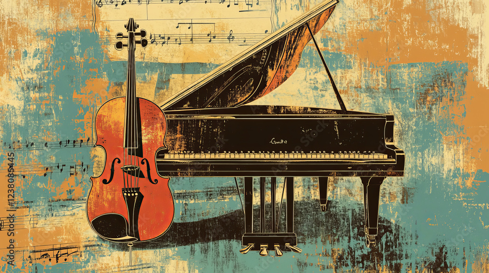 Classical music school or college faculty. Grand piano and violin with ...