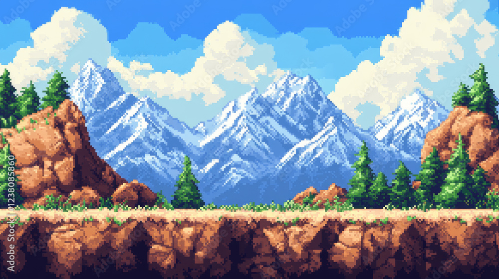 8bit pixel game mountains and hills. Vintage console, indie pixel game ...
