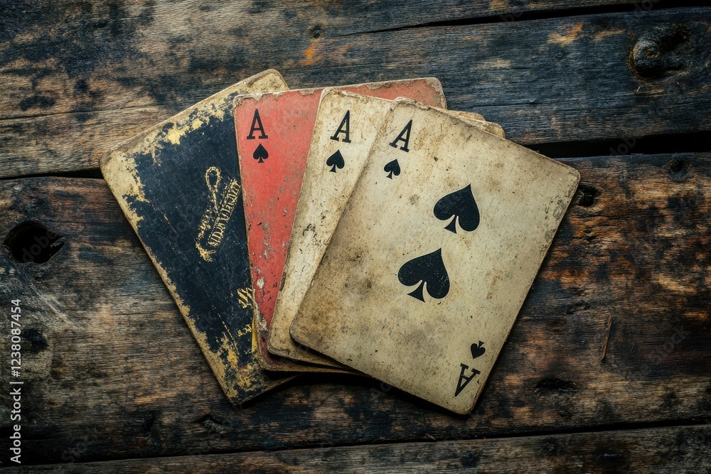 Nostalgic gathering of vintage playing cards on weathered wood rustic ...